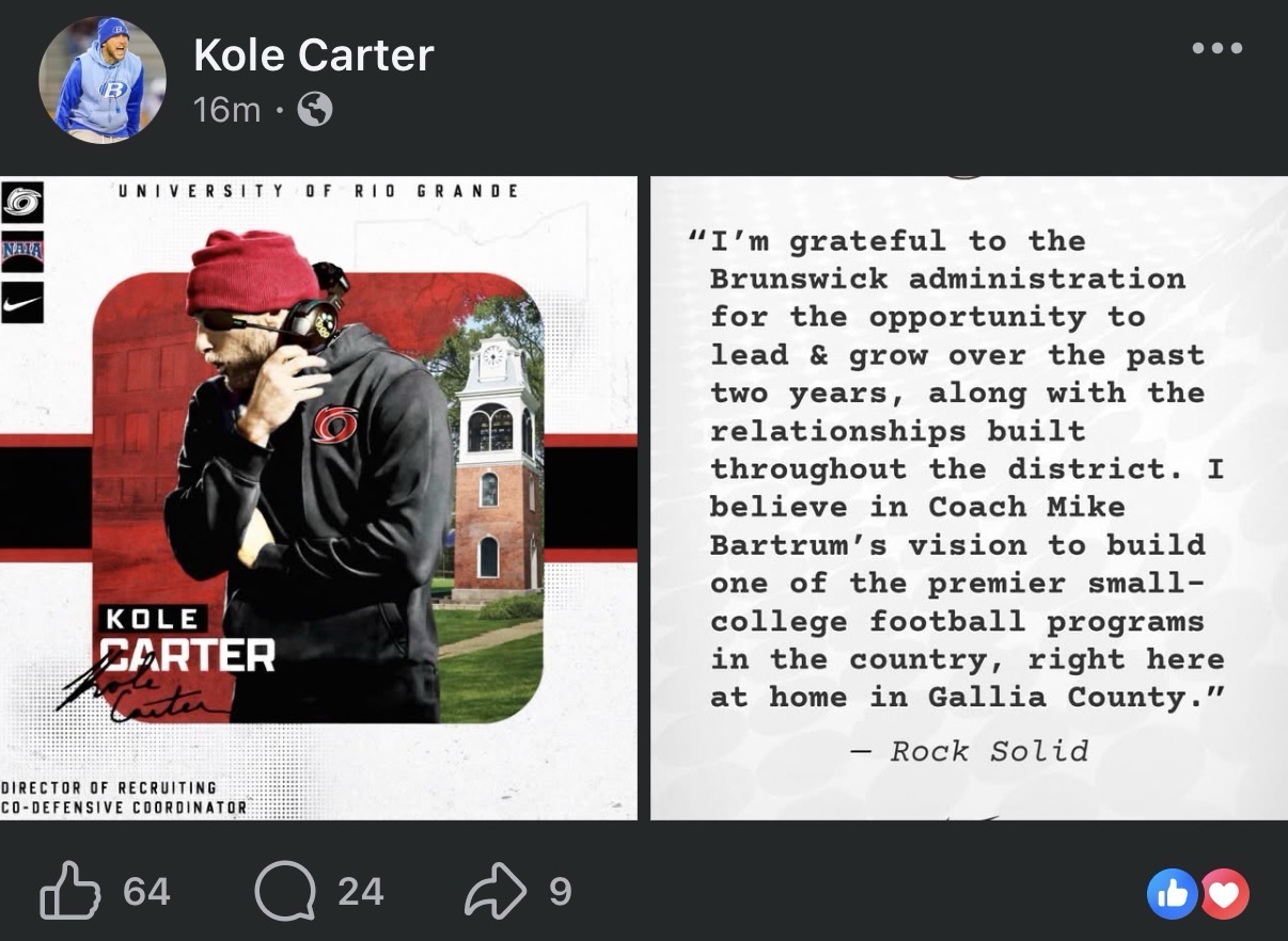 BREAKING: Brunswick Head Coach Kole Carter Moving to the College Ranks ...